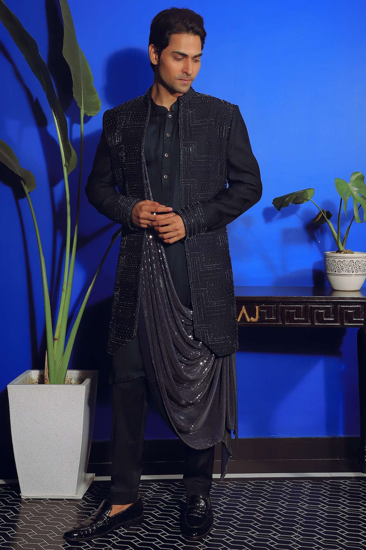 Prussian Blue Raw Silk Indowestern Jacket Set by YAJY By Aditya Jain at ...