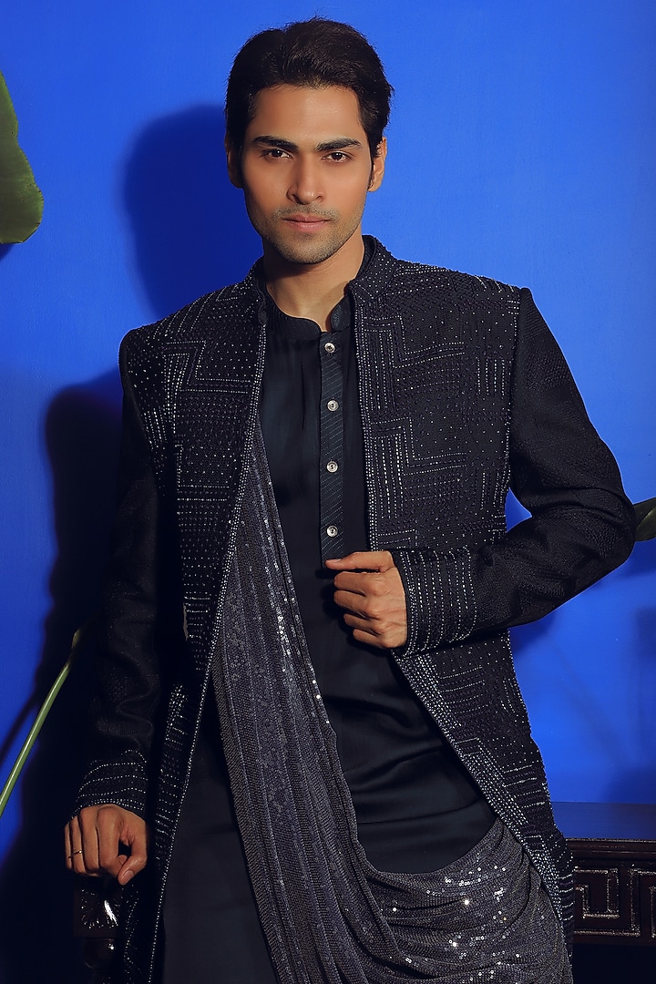 Prussian Blue Raw Silk Indowestern Jacket Set Design by YAJY By Aditya ...