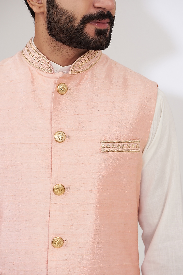 Pink Raw Silk Embroidered Nehru Jacket by Yashodhara Men at Pernia's ...