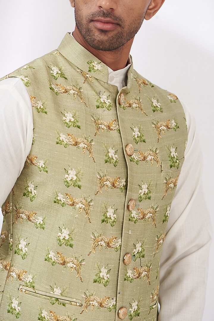 Olive Green Raw Silk Printed Nehru Jacket by Yashodhara Men at Pernia's ...