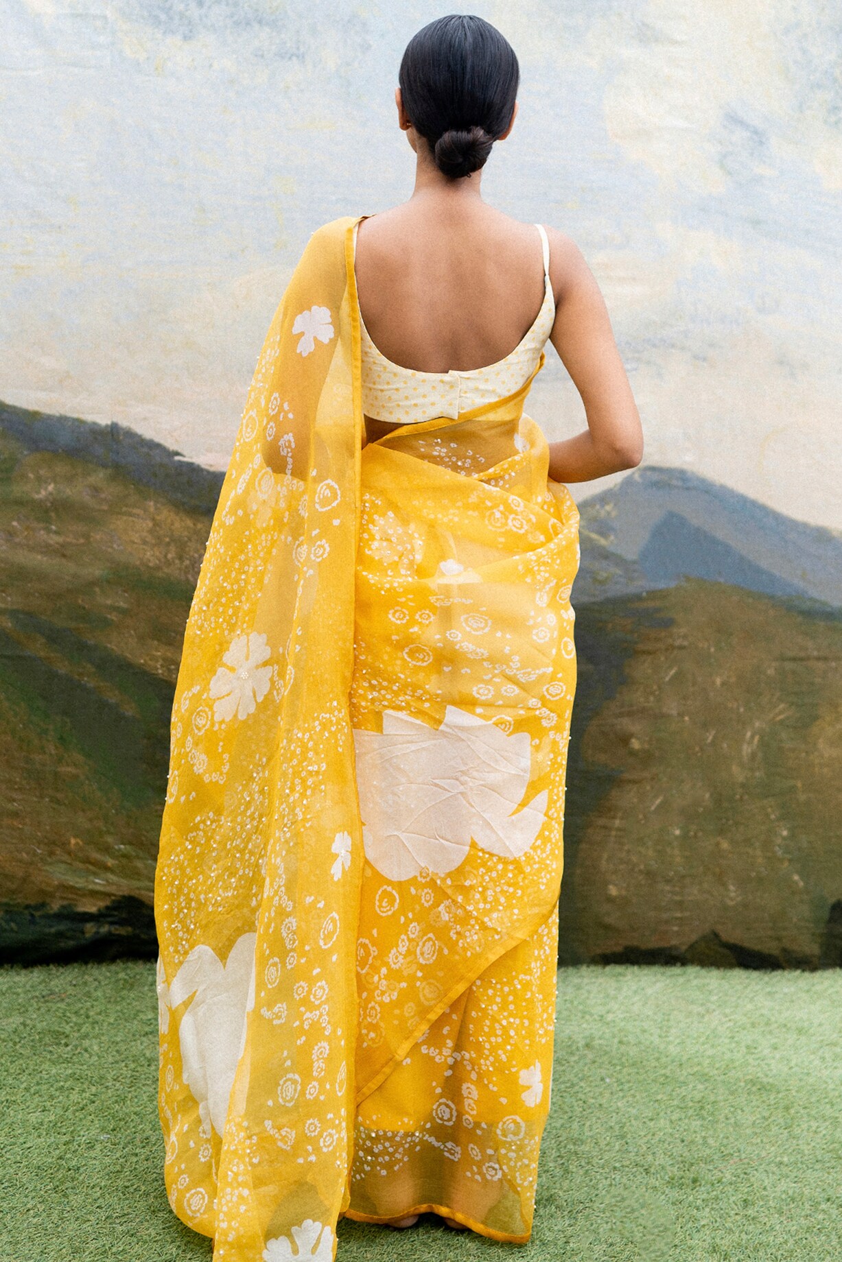 Yellow Hand Block Printed Saree by Yam India at Pernia's Pop Up Shop 2026