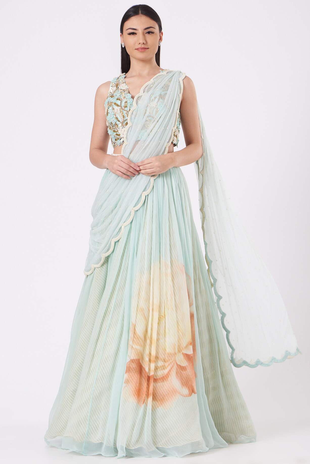 Aqua Blue Chiffon & Net Draped Saree Set by Yashodhara at Pernia's Pop ...