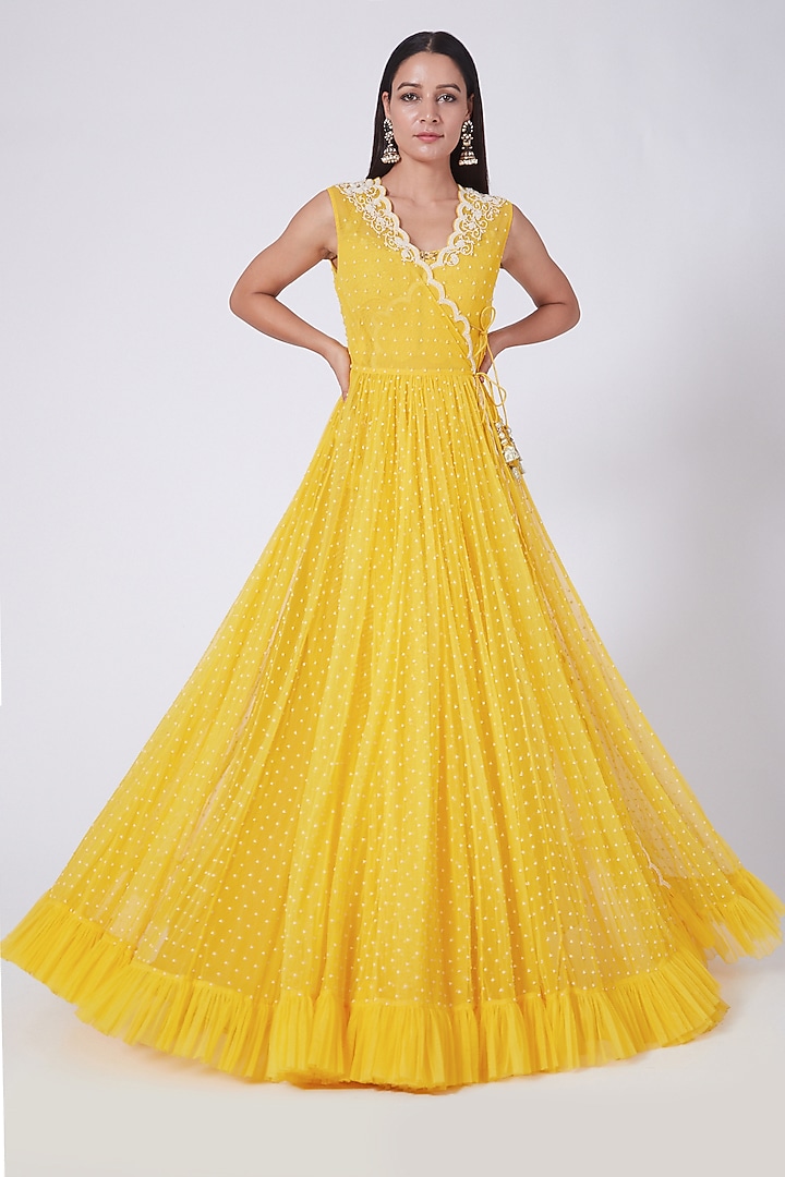 Yellow Raw Silk Angrakha Anarkali Set by Yashodhara at Pernia's Pop Up ...