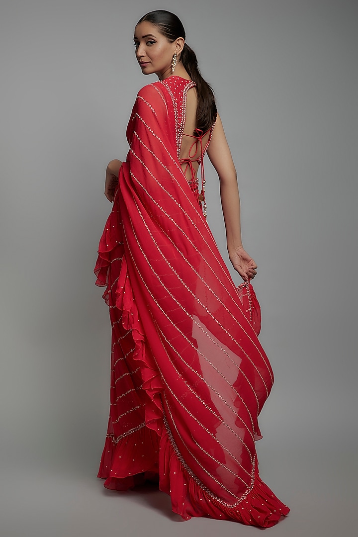 Red Chiffon Embroidered Frilled Saree Set by Yashodhara at Pernia's Pop ...