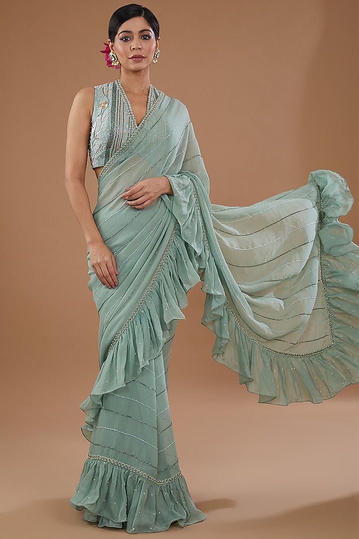 Teal Green Chiffon Embroidered Frilled Saree Set by Yashodhara at ...