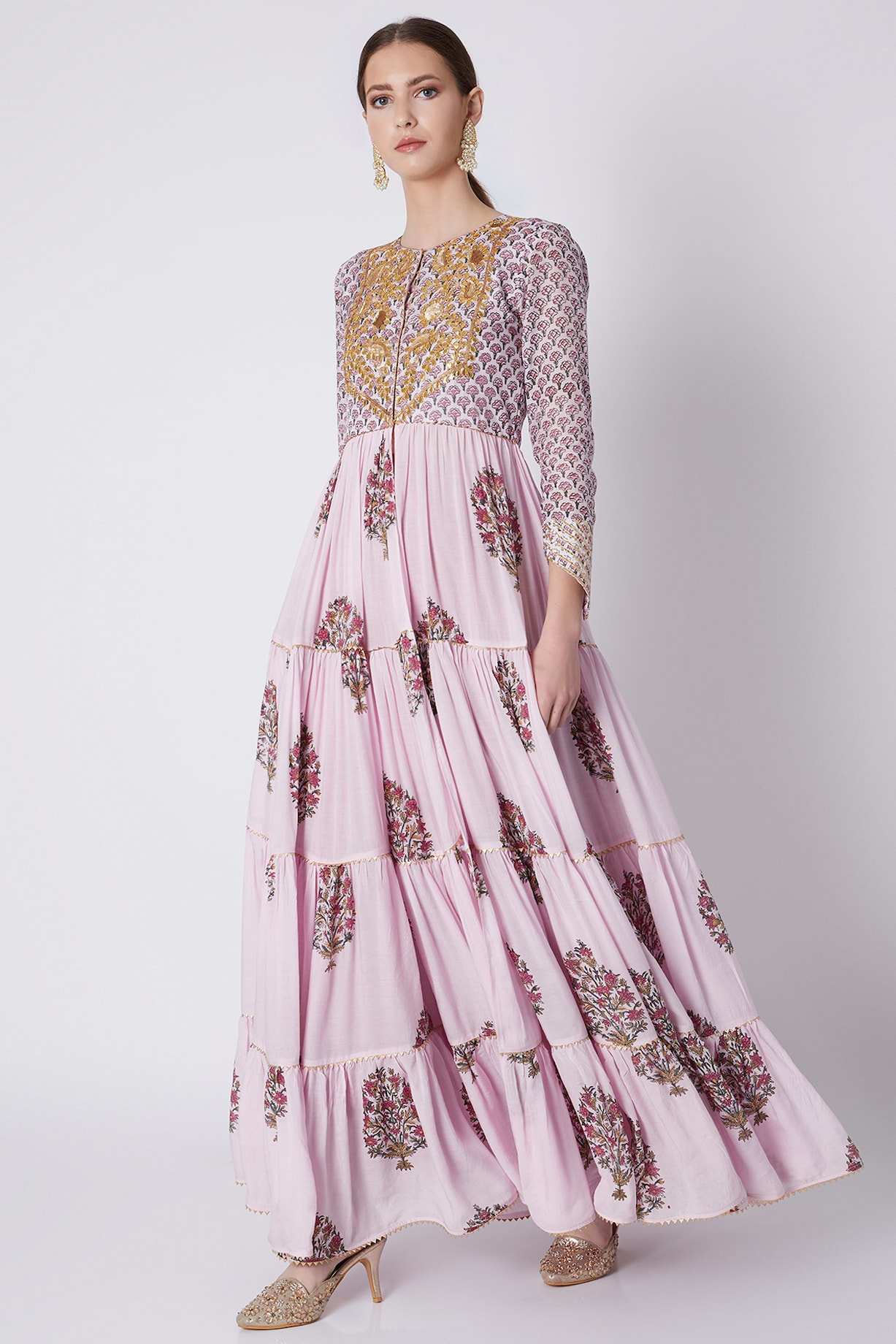Pink Block Printed & Embroidered Anarkali by Yuvrani Jaipur at Pernia's ...