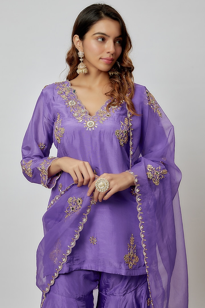 Violet Pure Spun Silk Embroidered Sharara Set by Yuvrani Jaipur at ...