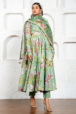 Pista Green Chanderi Floral Printed & Gota Work Anarkali Set by Yuvrani ...