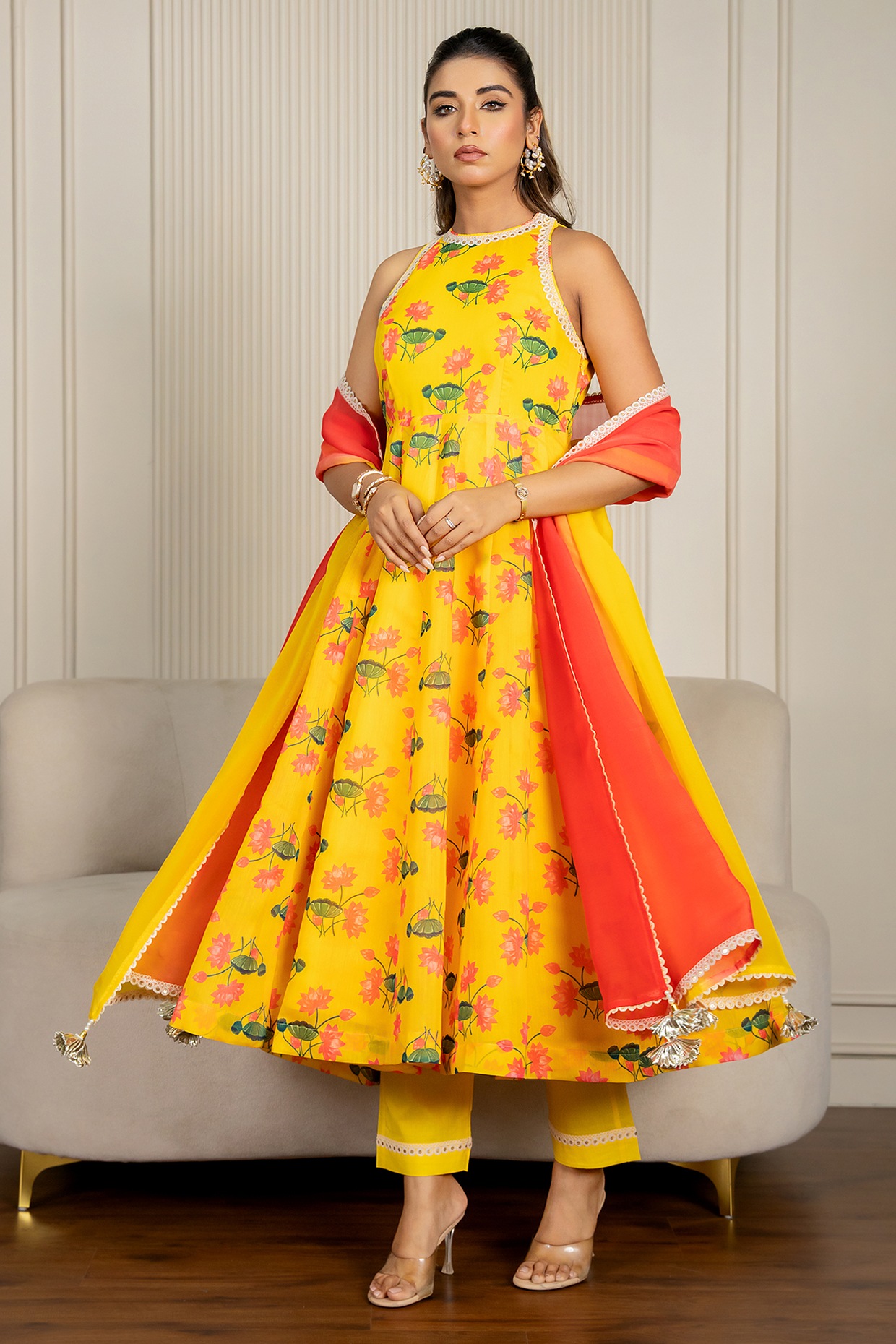 Yellow Chanderi Floral Printed & Lace Embroidered Anarkali Set by ...