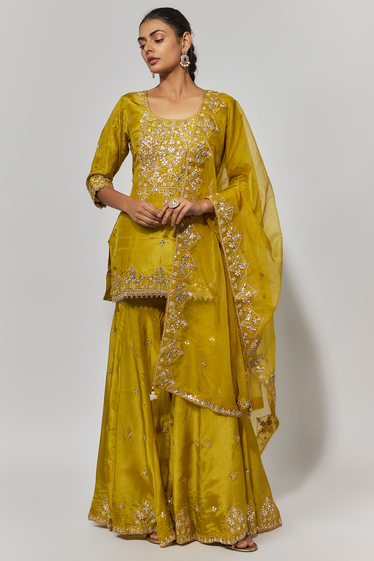 Golden Yellow Pure Spun Silk Gota Embroidered Sharara Set by Yuvrani ...