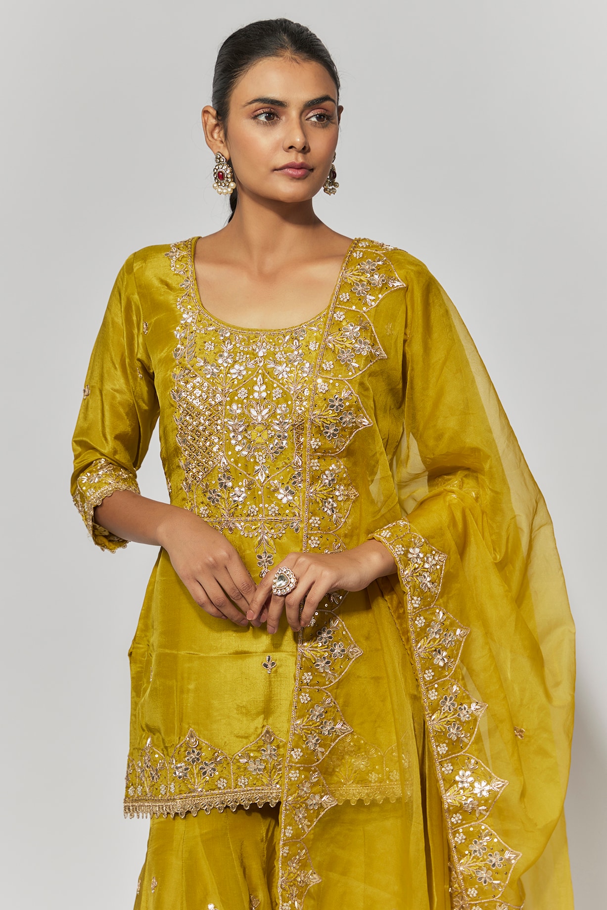 Golden Yellow Pure Spun Silk Gota Embroidered Sharara Set by Yuvrani ...