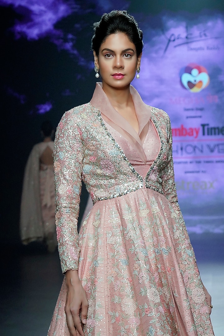 Peach Raw Silk Applique Embroidered Anarkali Lehenga Set by Yaksi ...