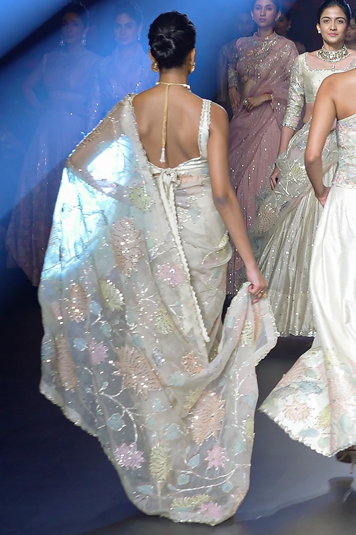 Light Yellow Organza Floral Applique Saree Set by Yaksi Deepthi Reddy ...