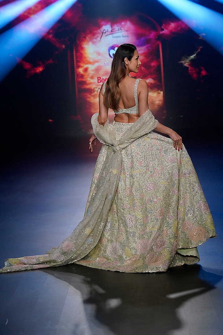 Pastel Green Raw Silk Zardosi Embroidered Bridal Lehenga Set by Yaksi ...