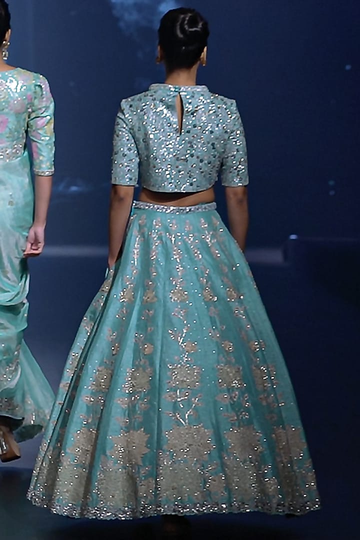 Pastel Blue Raw Silk Floral Applique Embroidered Bridal Lehenga Set by ...