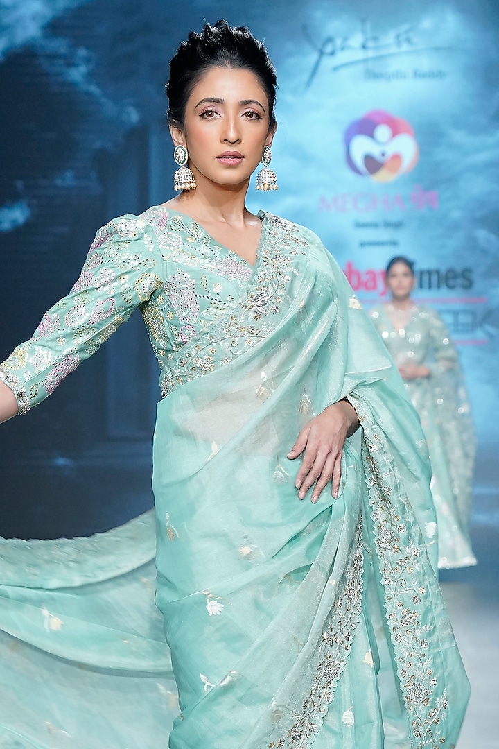 Pastel Blue Chanderi Zardosi Embroidered Saree Set by Yaksi Deepthi ...