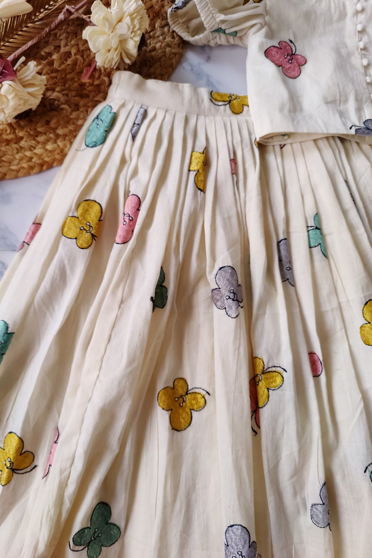 Off-White Pure Cora Cotton Butterfly Embroidered Co-Ord Set For Girls ...