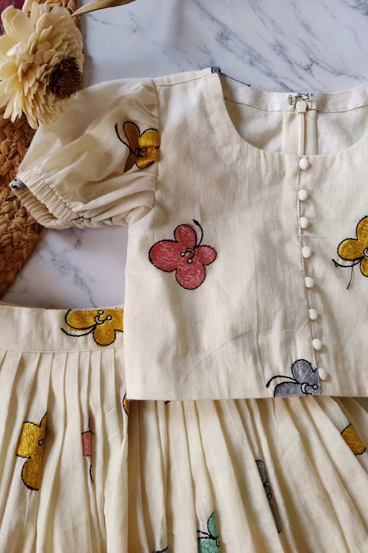 Off-White Pure Cora Cotton Butterfly Embroidered Co-Ord Set For Girls ...