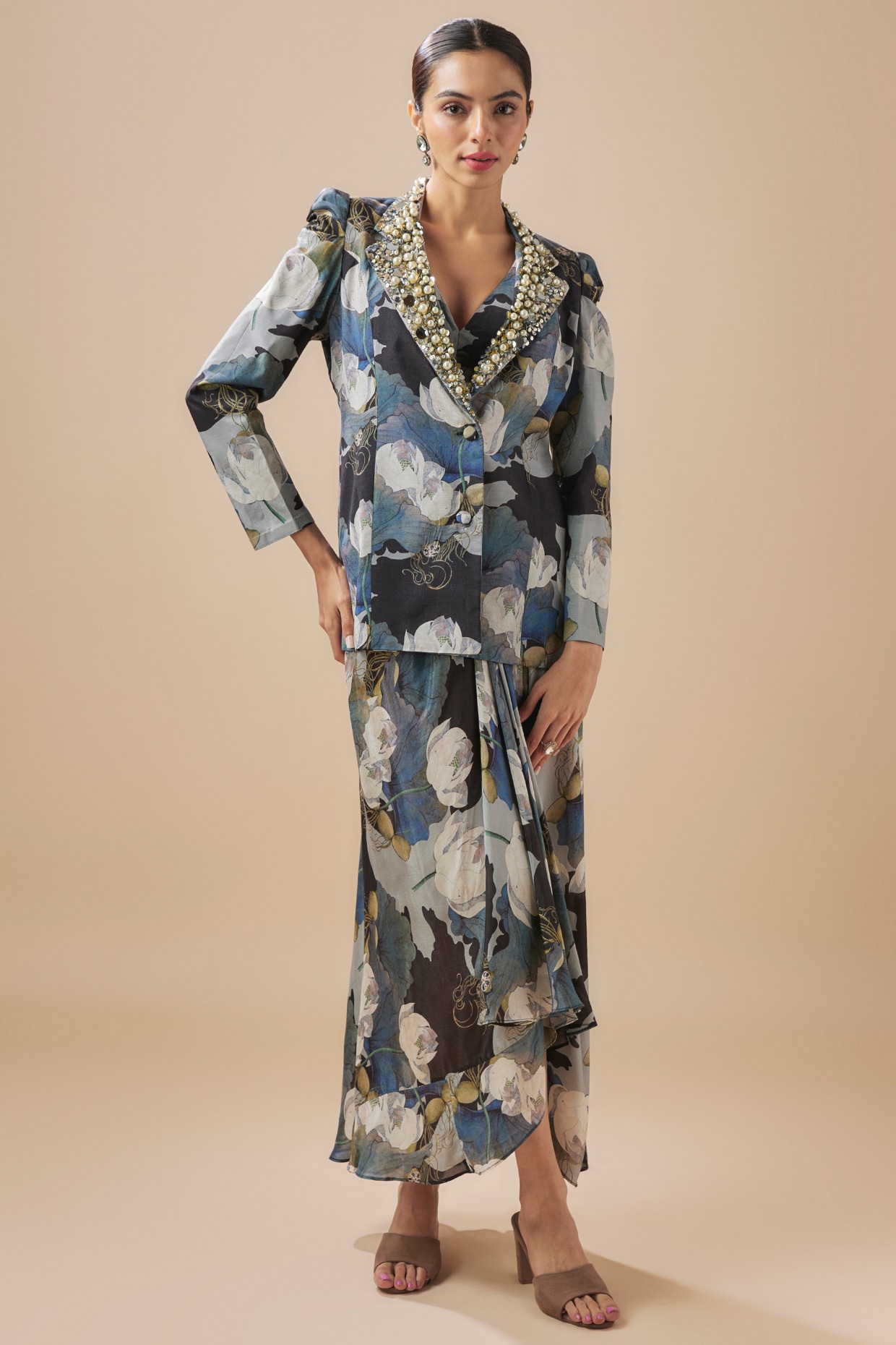 Black Pure Muslin Mirror & Pearls Embroidered Blazer Set by Yogita ...