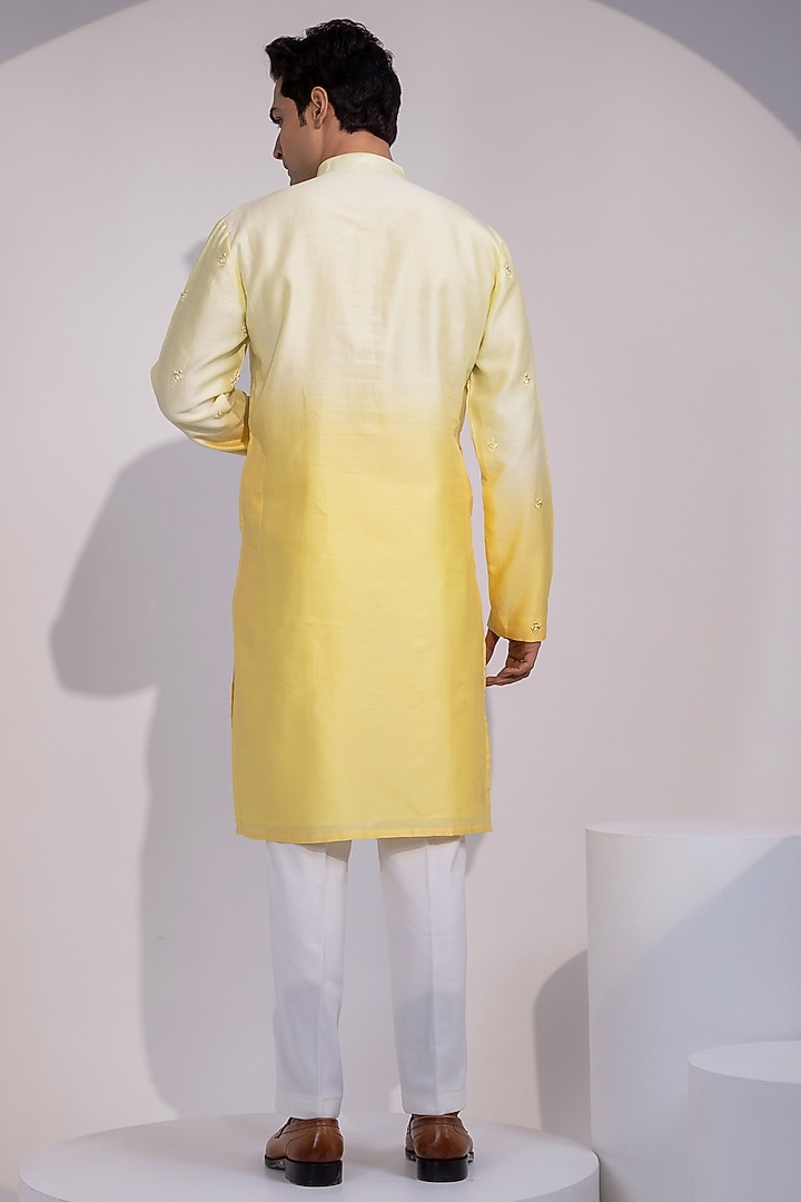 Light Cream & Pale Yellow Ombre Chanderi Thread Embroidered Kurta Set ...