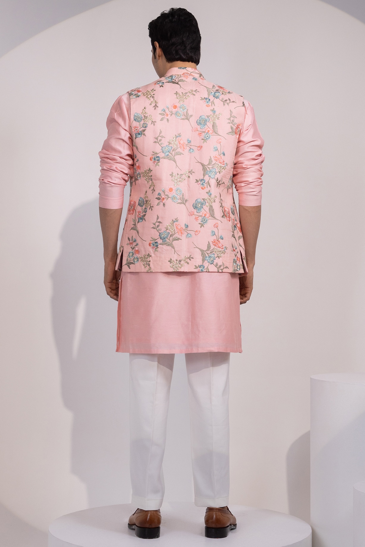 Light Pink Bam Silk Floral Embroidered Nehru Jacket Set by YOSEBA at ...
