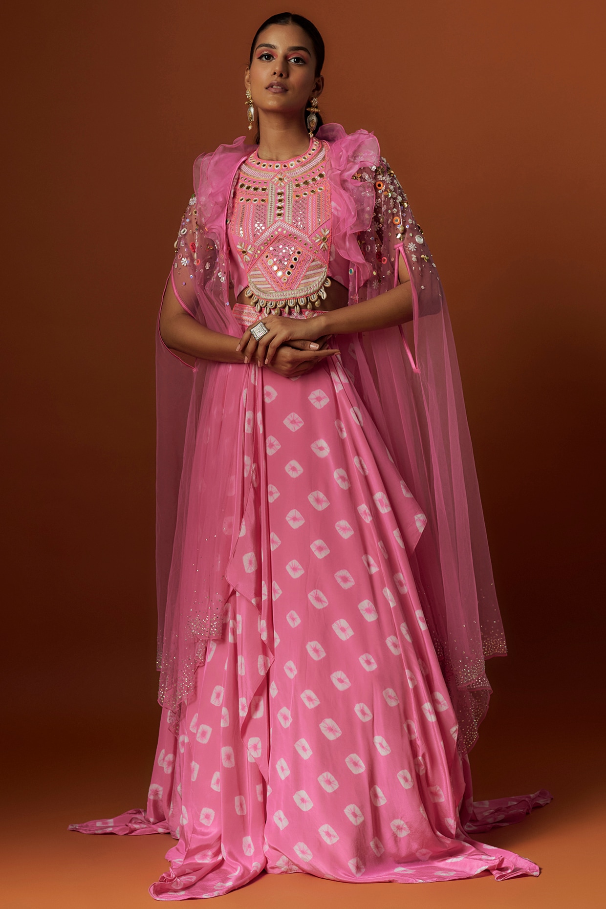 Pink Crepe Hand Embroidered & Bandhani Printed Jacket Wedding Lehenga ...