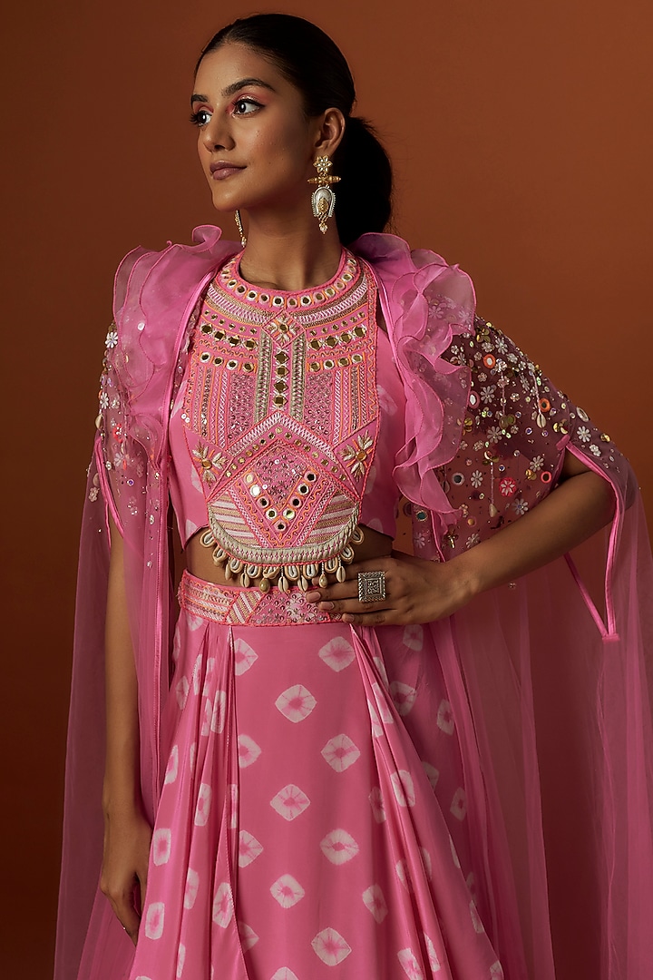 Pink Crepe Hand Embroidered & Bandhani Printed Jacket Wedding Lehenga ...