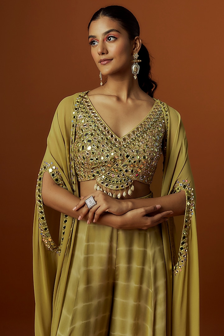 Olive Green Georgette Tie-Dye Printed Sharara Set Design by Yoshita ...
