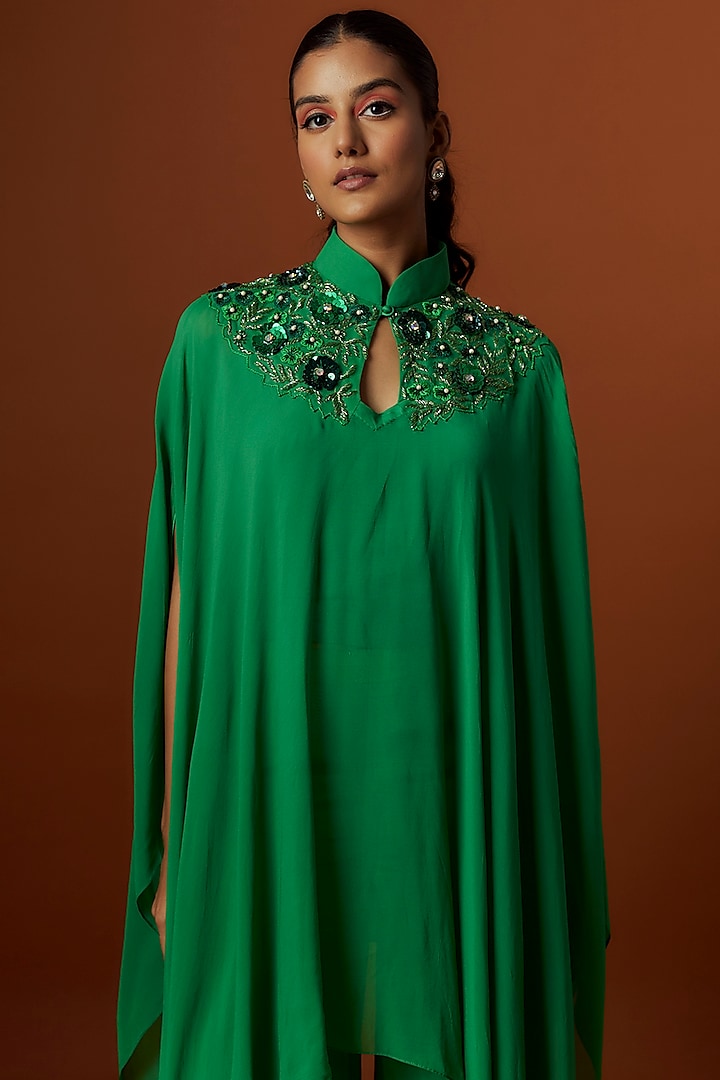 Parrot Green Georgette Glass Bead Embroidered Kaftan Set Design by ...
