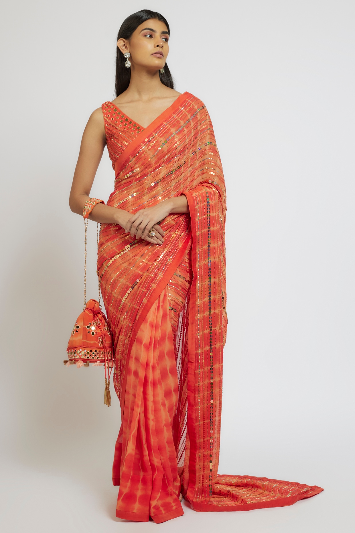 Orange Georgette Sequins Hand Embroidered Tie-Dye Saree Set by Yoshita ...