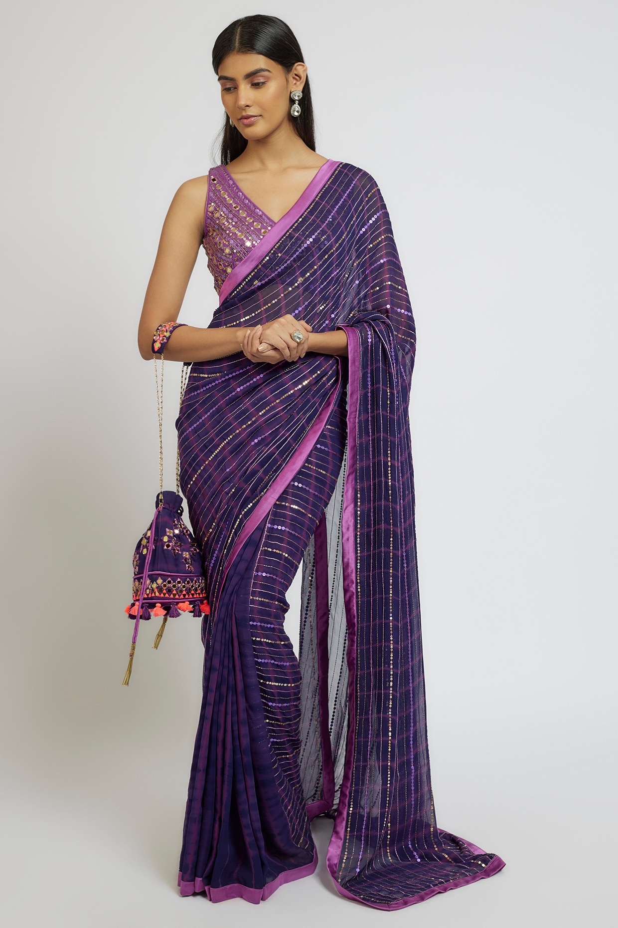 Purple Georgette Sequins Hand Embroidered Tie-Dye Saree Set by Yoshita ...