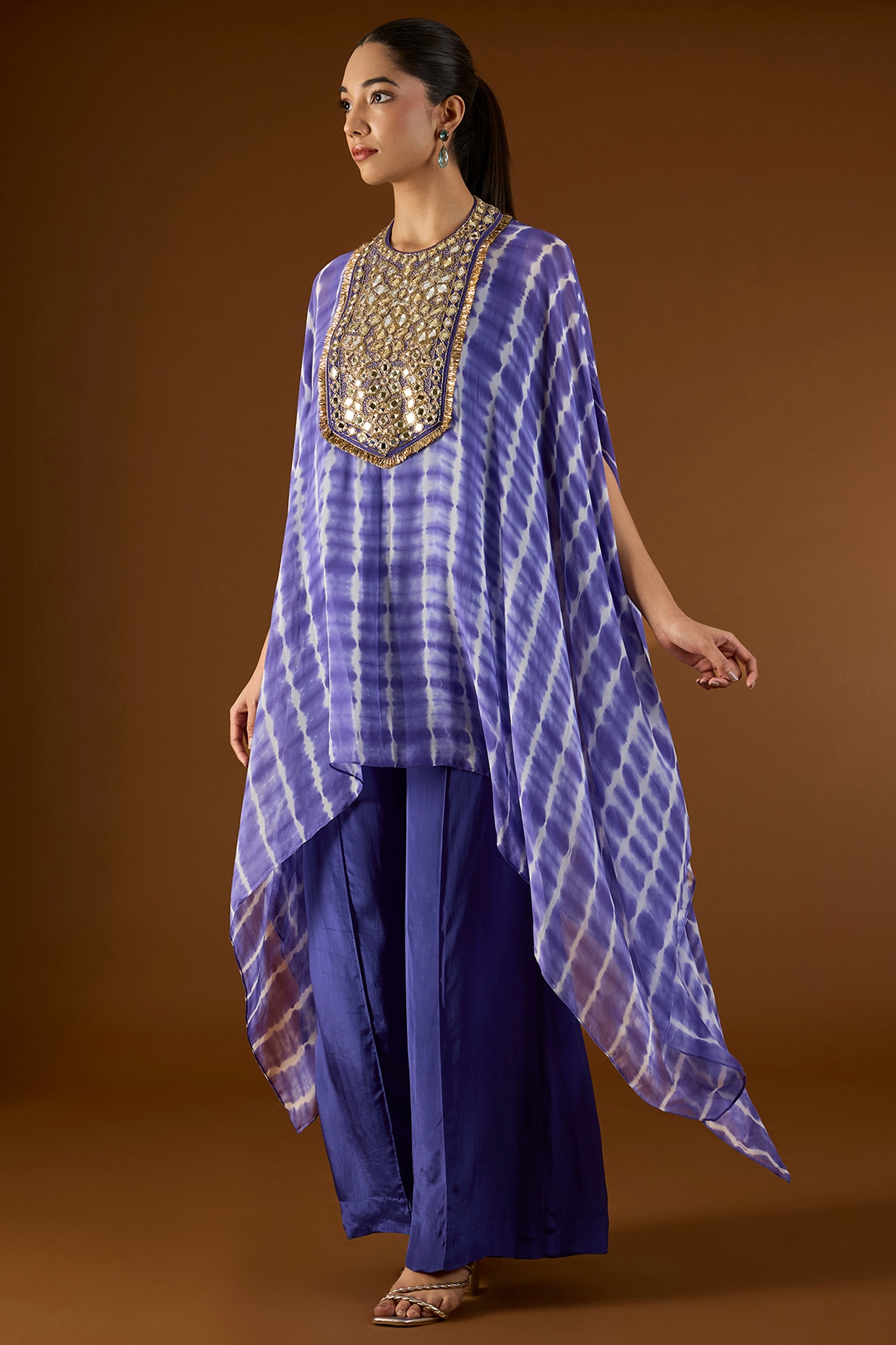 Ink Blue Georgette Hand Embroidered Tie-Dyed Kaftan Set by Yoshita Couture at Pernia's Pop Up ...