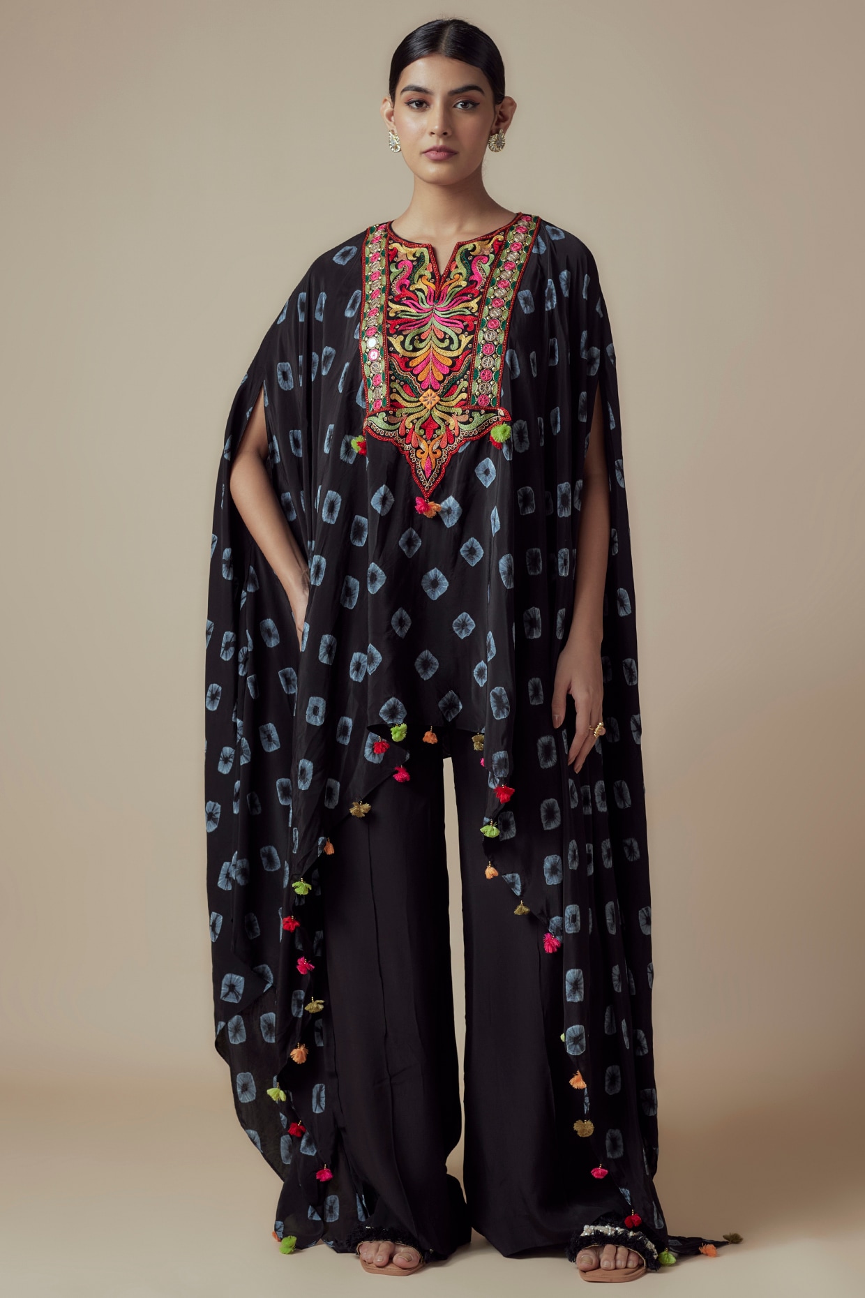Black Tie-Dyed Crepe Kashmiri Hand Embroidered Kaftan Set by Yoshita ...
