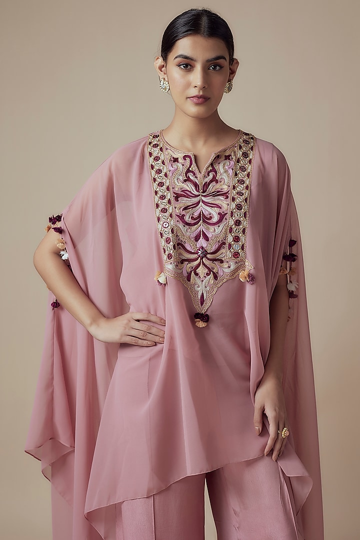 Dusty Pink Georgette Kashmiri Hand Embroidered Kaftan Set by Yoshita ...