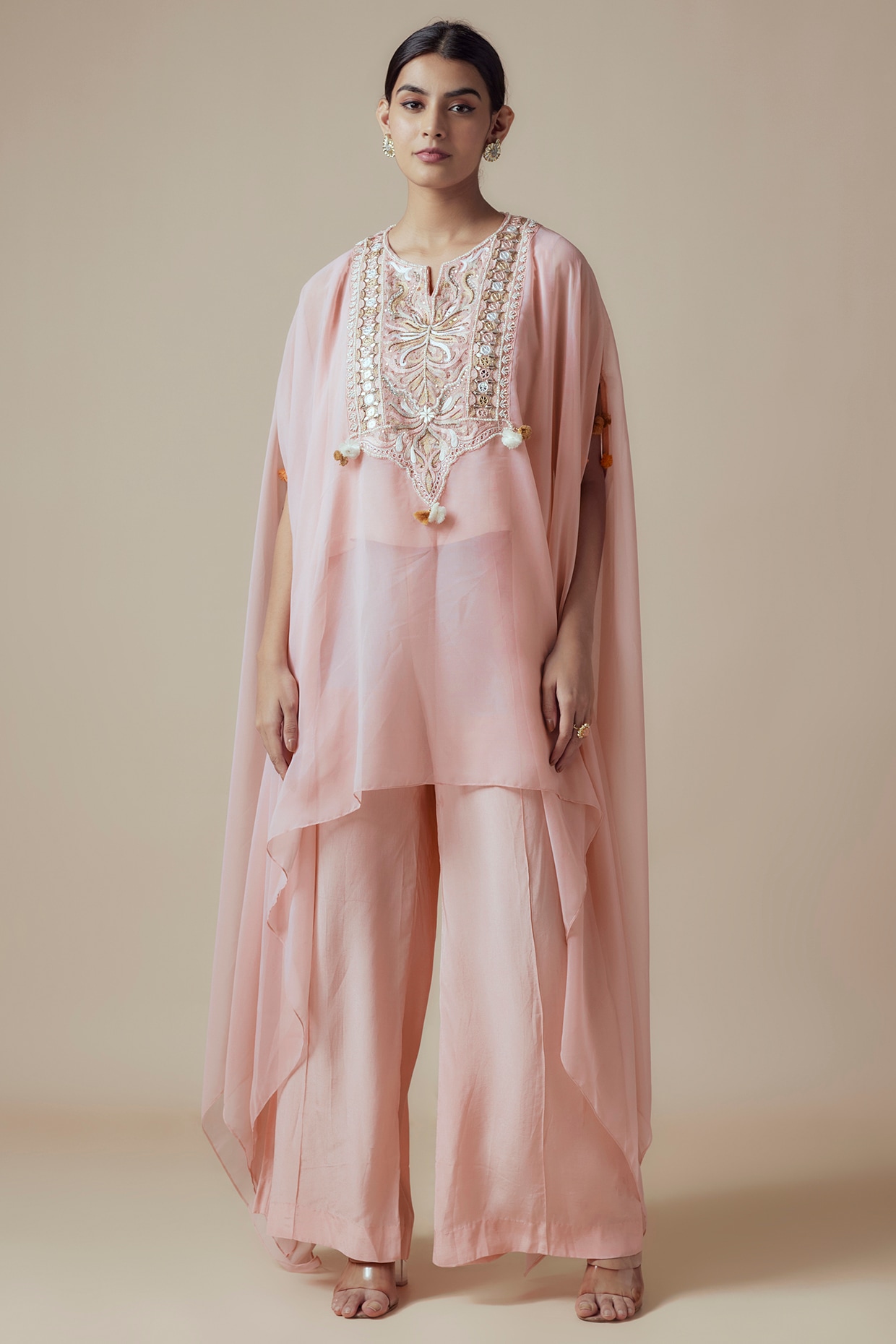 Blush Pink Georgette Kashmiri Hand Embroidered Kaftan Set by Yoshita ...