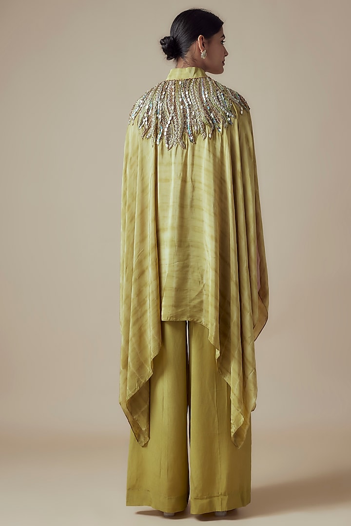 Olive Green-Gold Tie-Dye Crepe Hand embroidered Kaftan Set by Yoshita ...