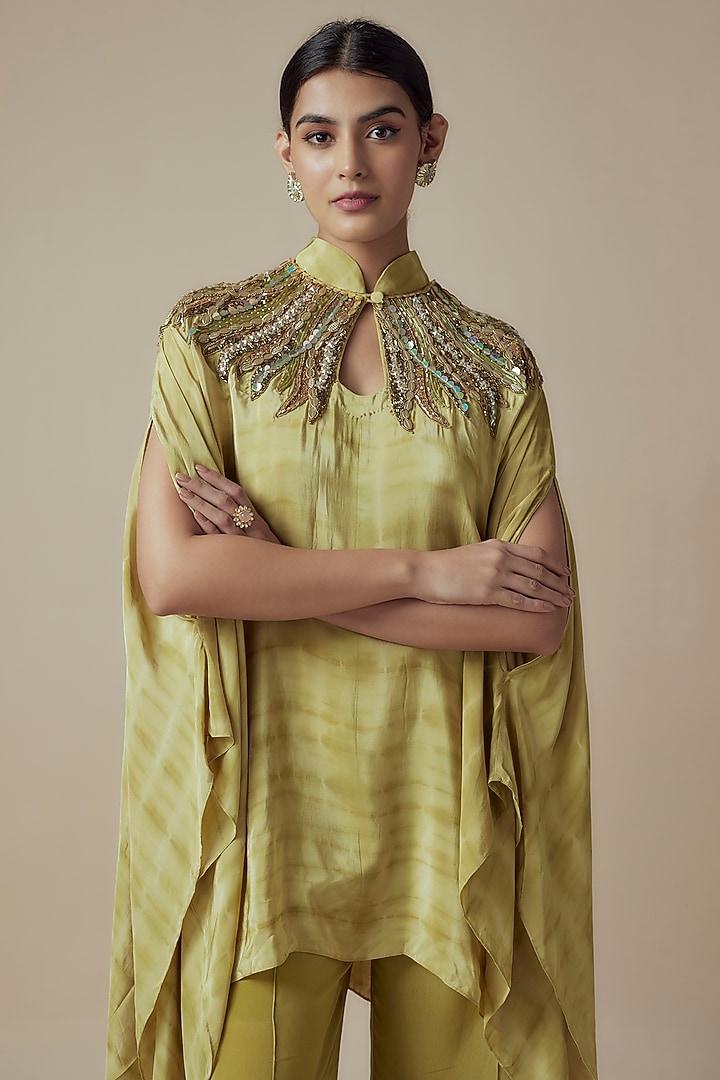 Olive Green-Gold Tie-Dye Crepe Hand embroidered Kaftan Set by Yoshita ...