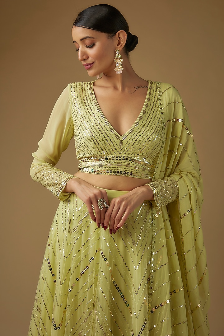 Mint Green Net Chevron Hand Embroidered Wedding Lehenga Set by Yoshita ...