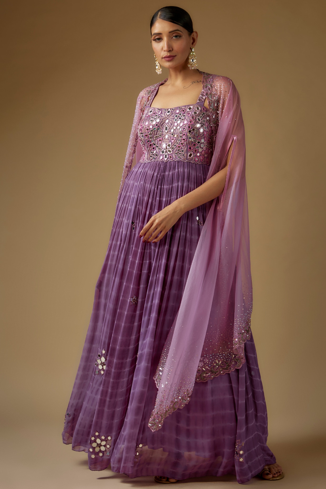 Purple Georgette Mirror Hand Embroidered Pleated Anarkali With Cape by ...