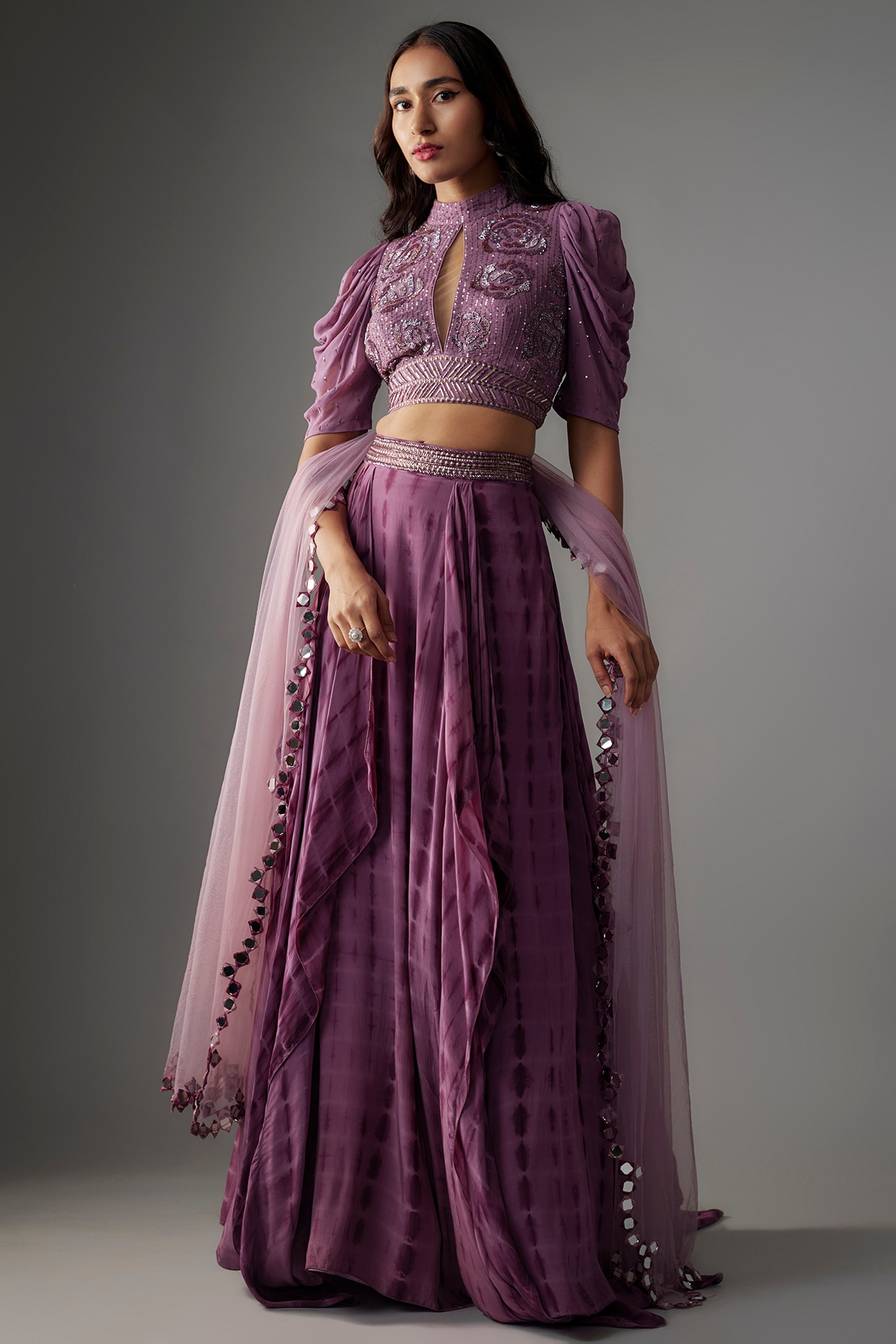 Lavender Crepe Motifs & Sequins Hand Embroidered Tie-Dye Wedding ...