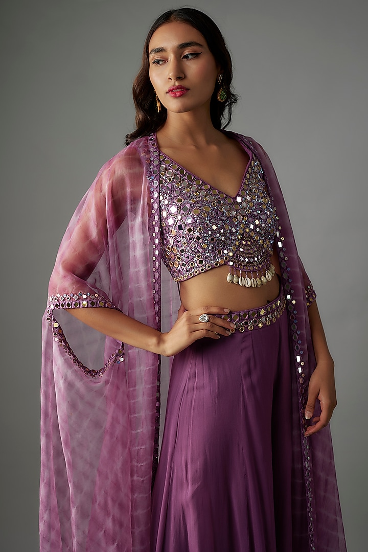 Lavender Organza Mirror Work Tie-Dye Scalloped Cape Set by Yoshita Couture at Pernia's Pop Up ...
