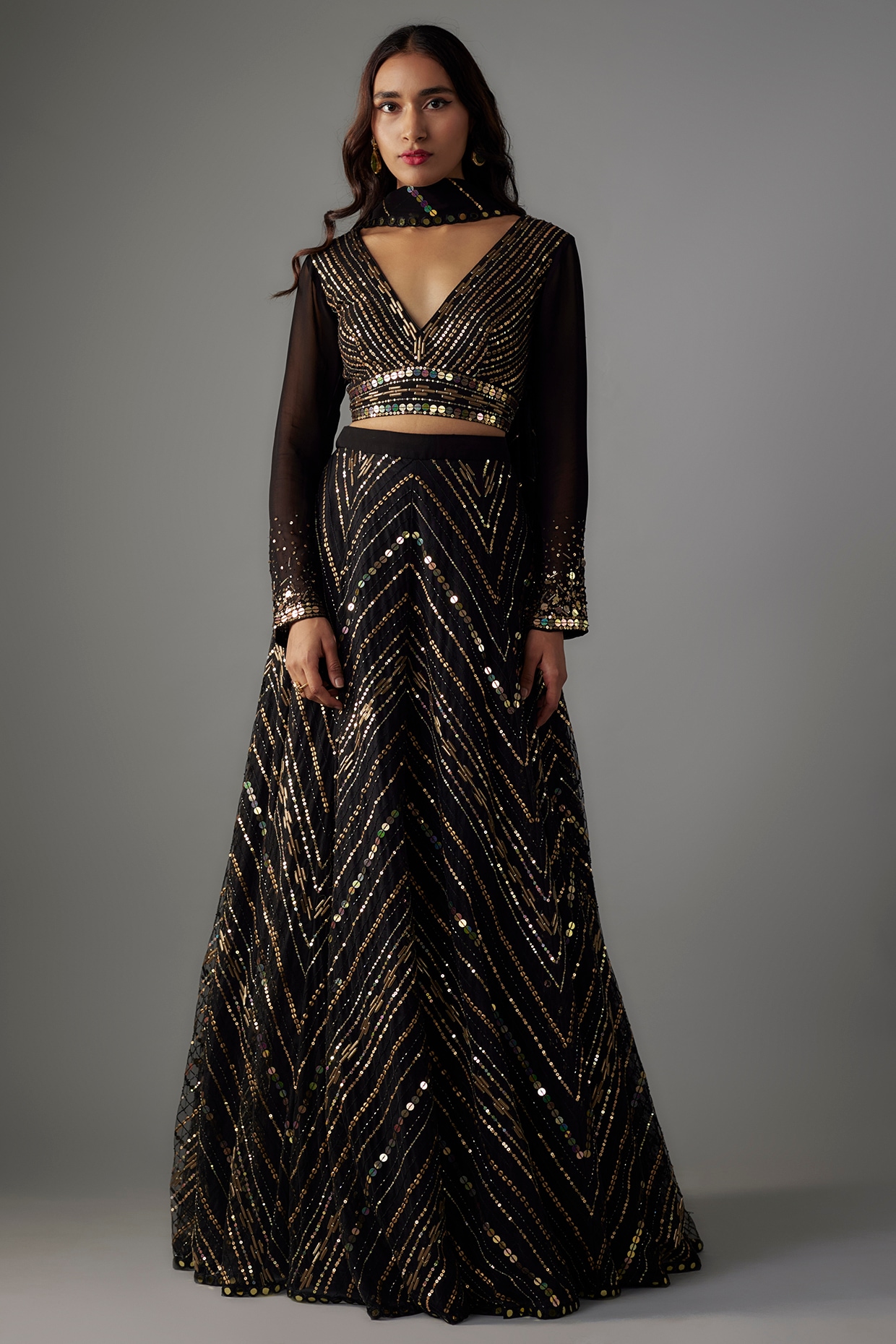 Black & Gold Net Sequins & Glass Bead Embroidered Wedding Lehenga Set by Yoshita Couture at ...