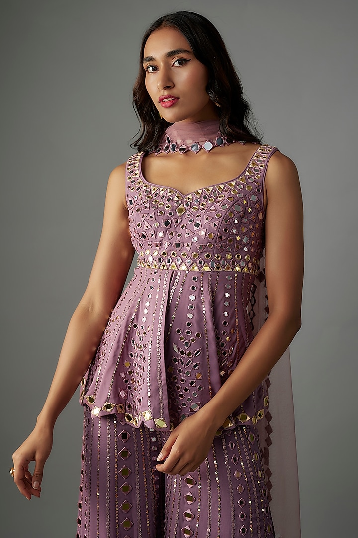 Lavender Georgette & Shantoon Hand Embroidered Flared Sharara Set ...