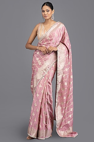 Lilac Satin Silk Banarasi Handloom Saree Set by Zal From Benaras at ...