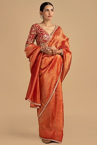 Red Pure Organza Silk Banarasi Handloom Party Wear Saree Set by Zal ...