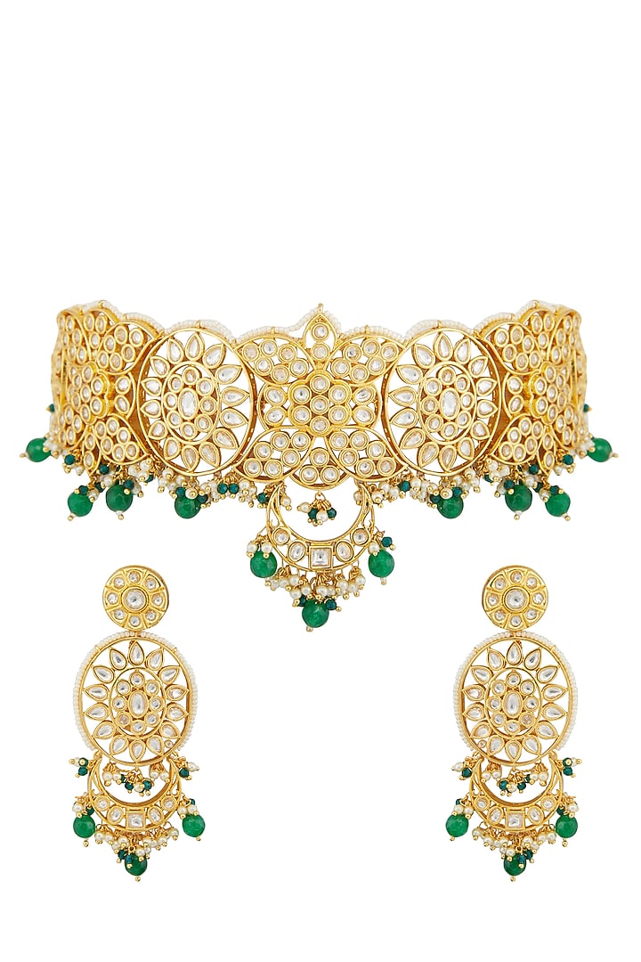 Gold Plated Kundan Polki & Green Stone Choker Necklace Set by Zevar by ...