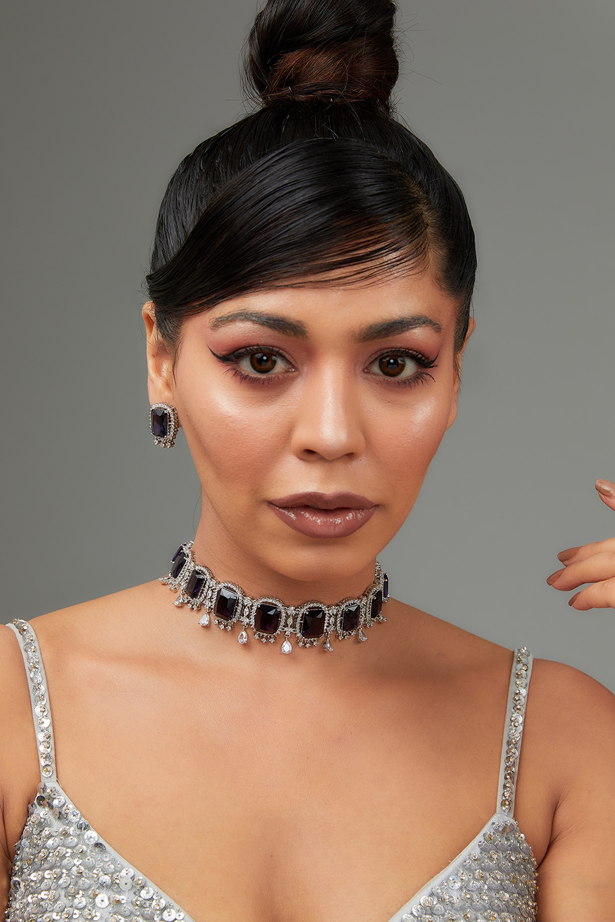 White Finish Faux Diamond & Blue Stone Choker Necklace Set by Zevar By ...