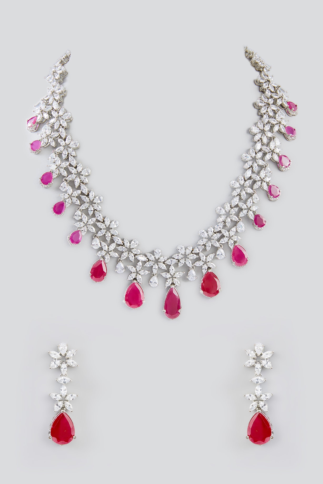 White Finish Faux Diamond & Ruby Stone Necklace Set by Zevar By Geeta at Pernia's Pop Up Shop 2025
