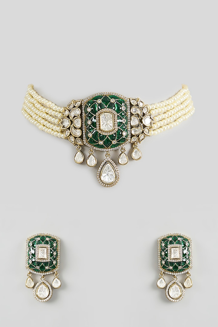 Two Tone Finish Kundan Polki & Green Stone Choker Necklace Set by Zevar ...