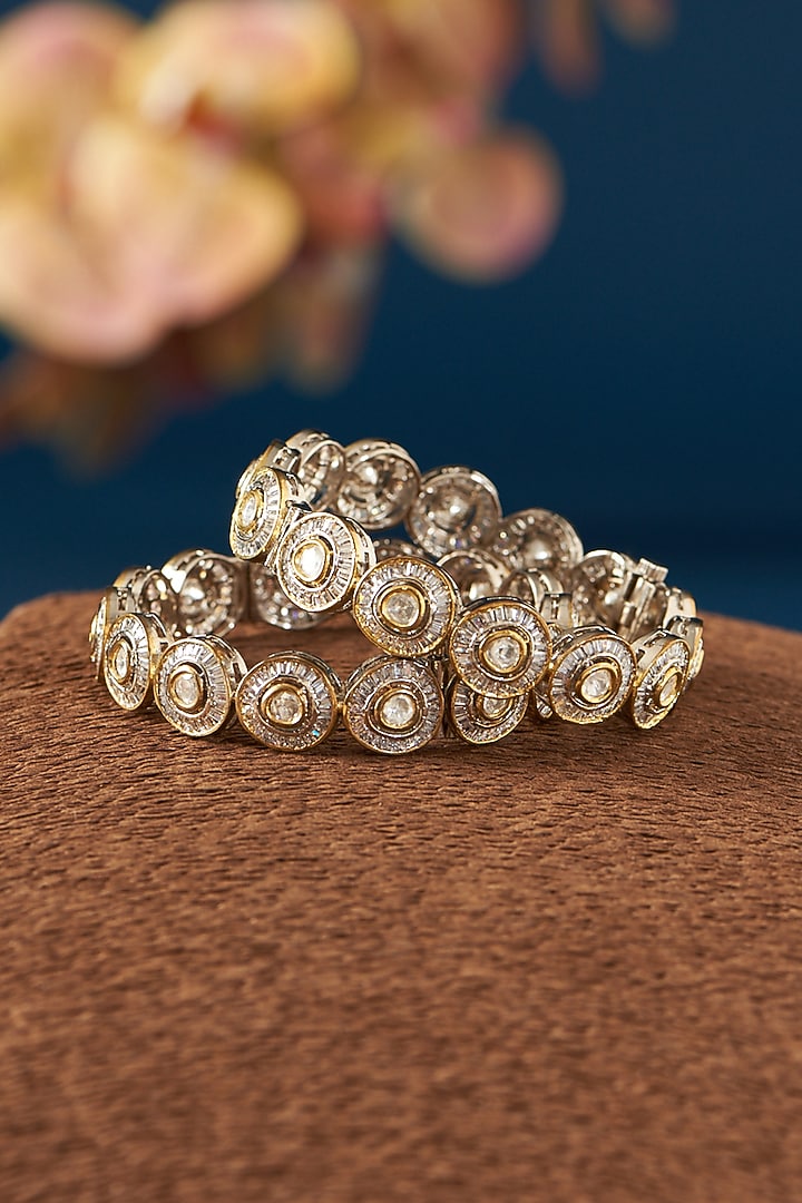White Rhodium Finish Kundan Polki & Diamond Kadas (Set of 2) by Zevar ...
